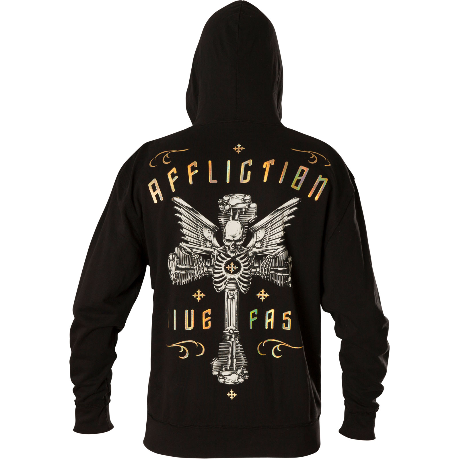 Affliction Live Fast Engine Hoddy Print mit Kreuz, Flügel und Totenkopf