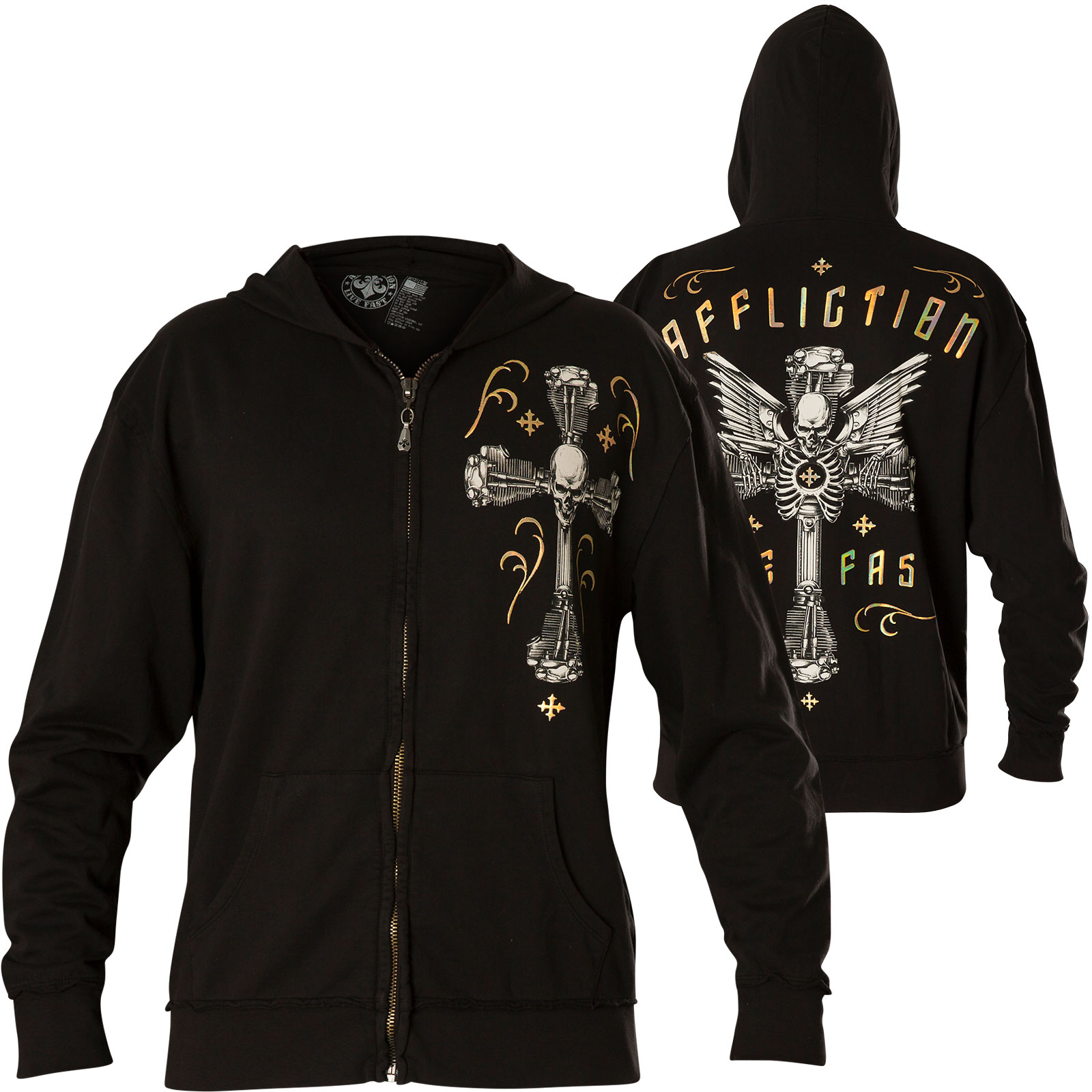 Affliction Live Fast Engine Hoddy Print mit Kreuz, Flügel und Totenkopf