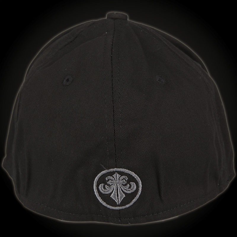 Affliction Shadow Fall Hat, schwarze Flexfit Cap mit Print und Stickereien