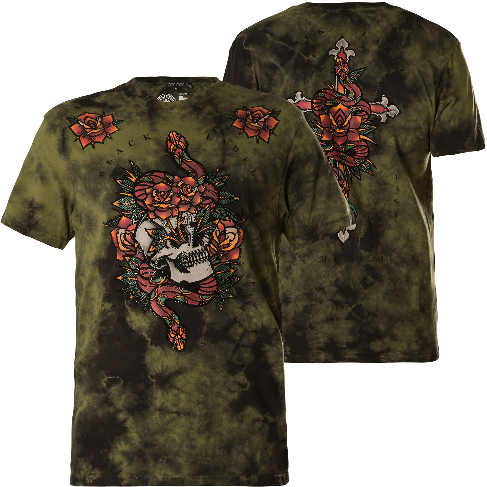Affliction Sacred Serpent T-Shirt Print mit Blumen, Kreuz und Totenkopf