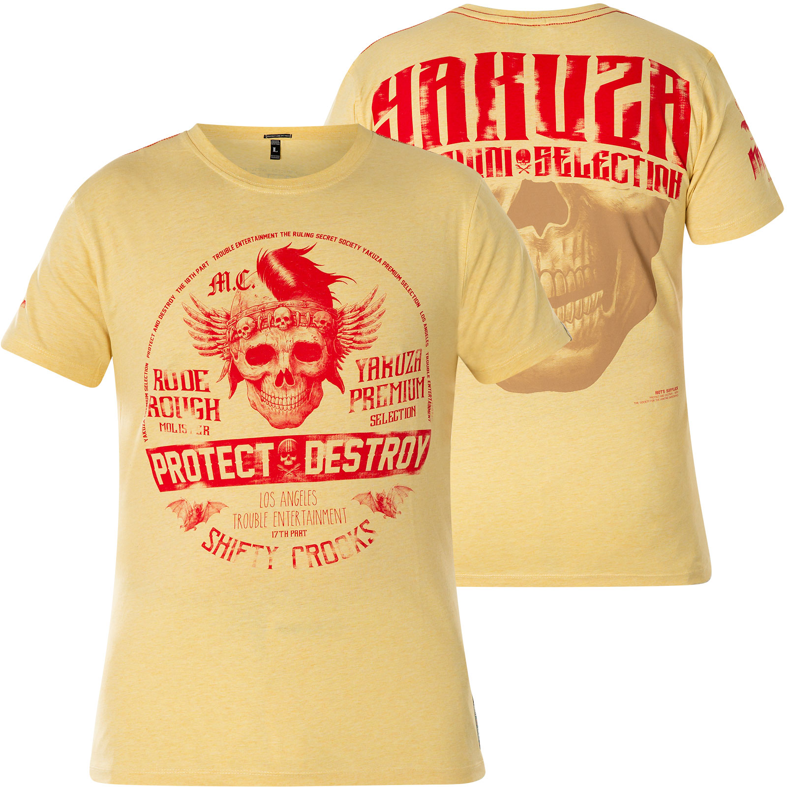 Yakuza Premium YPS-3018 in hellgelb Print mit Totenkopf und Schriftzügen